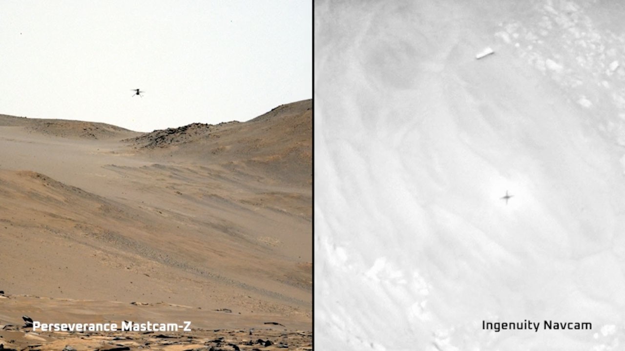 Two Views of NASA's Ingenuity Helicopter Flying on Mars - NASA Science