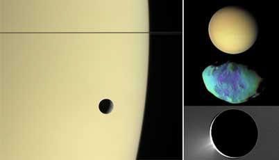 Saturn with Tethys, and close-ups of Titan, Telesto and Enceladus ...