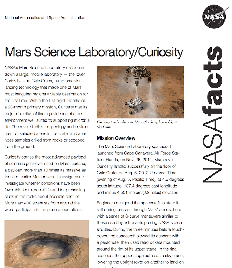 Fact Sheet: Mars Science Laboratory (Curiosity) - NASA Science